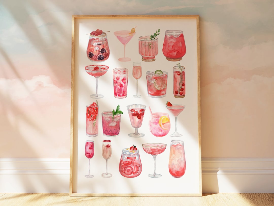 Retro Watercolor Pink Cocktail Poster, Girly Bar Cart Art, Vintage ...