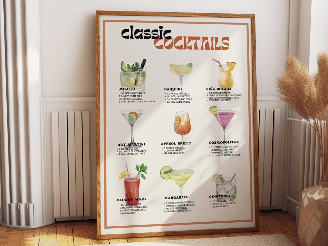 Classic Cocktails Retro Poster, Cocktails Vintage Wall Art, Kitchen ...