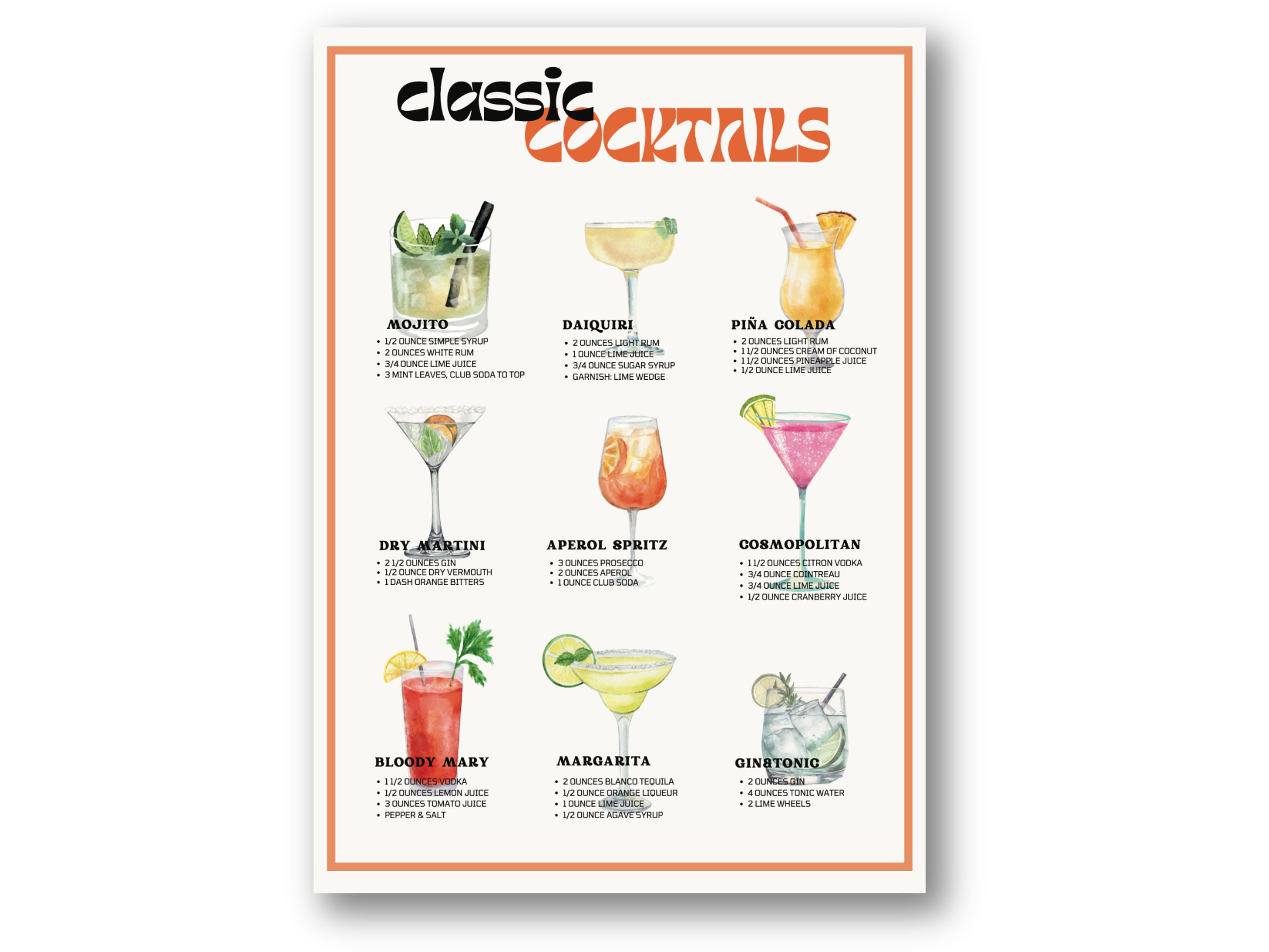 Classic Cocktails Retro Poster, Cocktails Vintage Wall Art, Kitchen ...