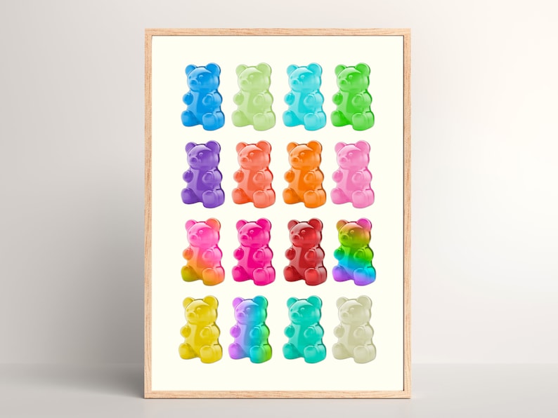 Gummy Bear Poster, Colourful Retro Wall Art, Candy Bear Decor Print ...