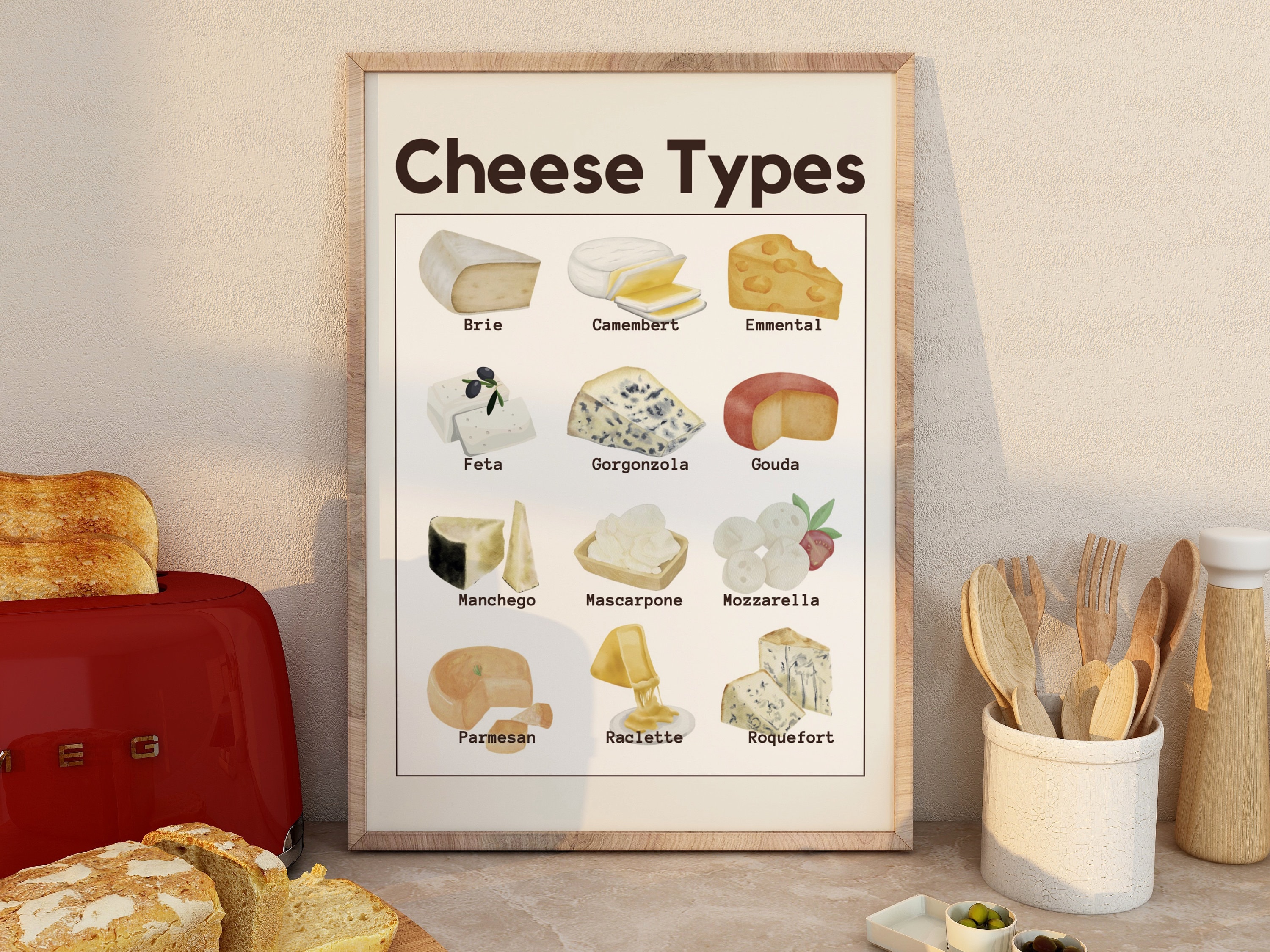 Cheese Lovers Poster, Cheese Types Wall Art, Retro Decor, Cheese Gift ...