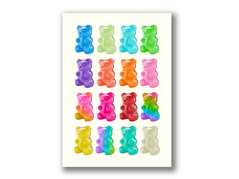 Gummy Bear Poster, Colourful Retro Wall Art, Candy Bear Decor Print ...