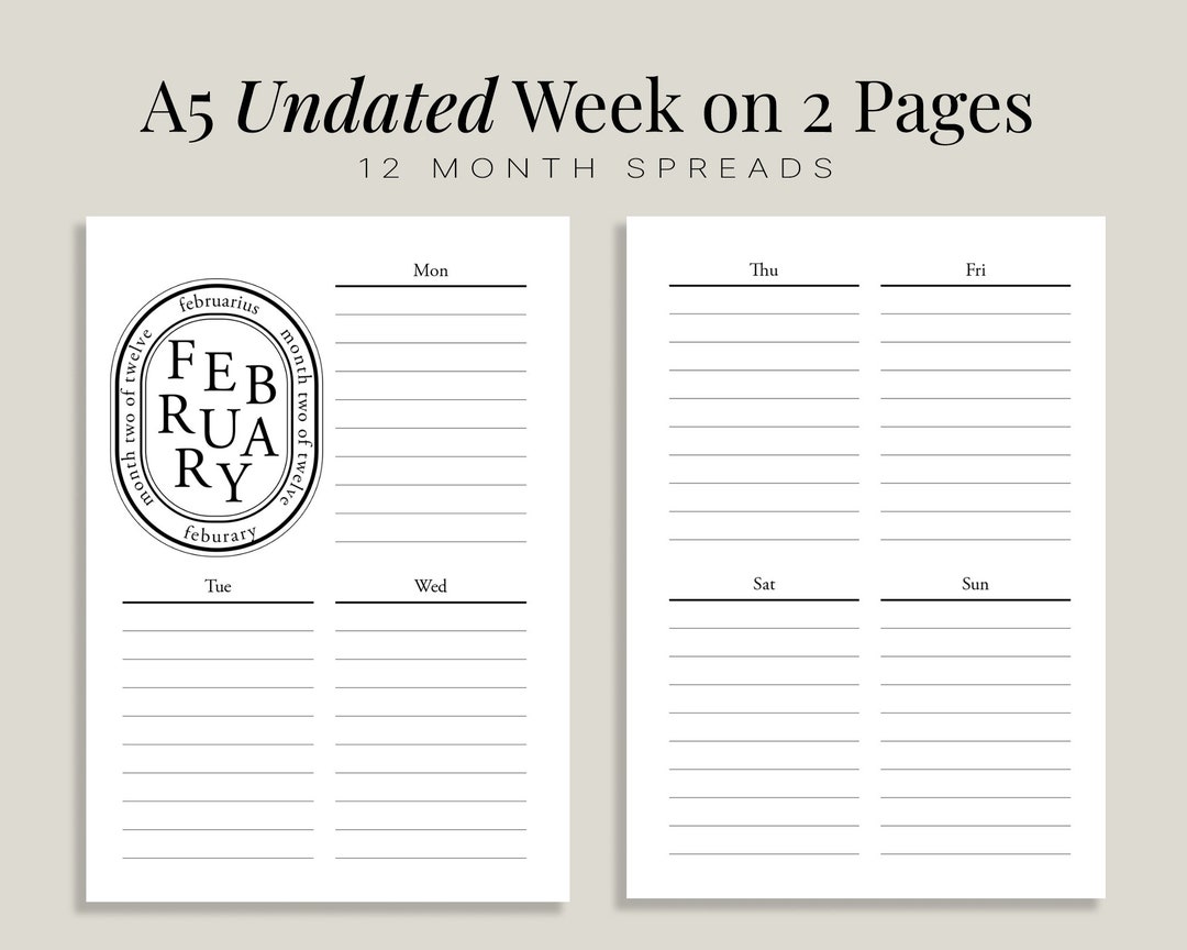 A5 Undated Week on Two Pages | WO2P | Printable | Monthly - Etsy