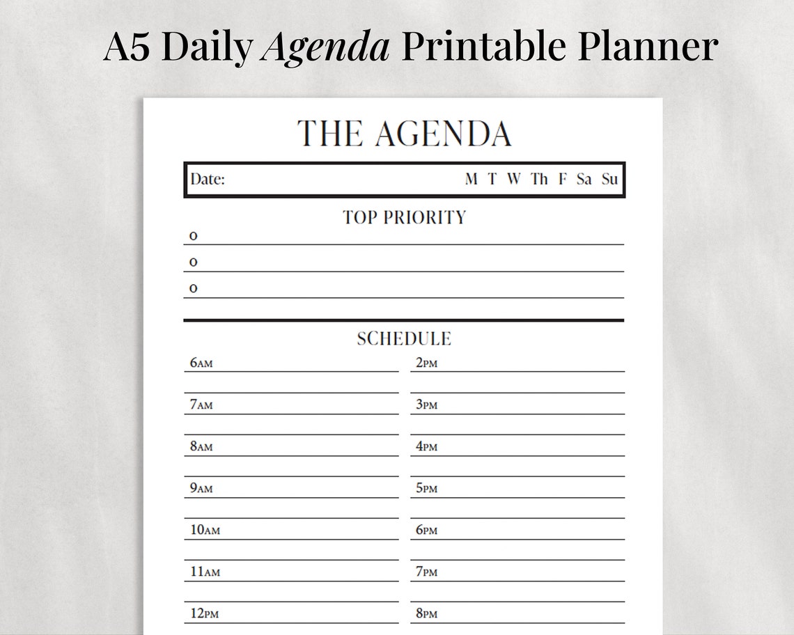 A5 Undated Daily Agenda | Planner Schedule | Printable Digital Download ...