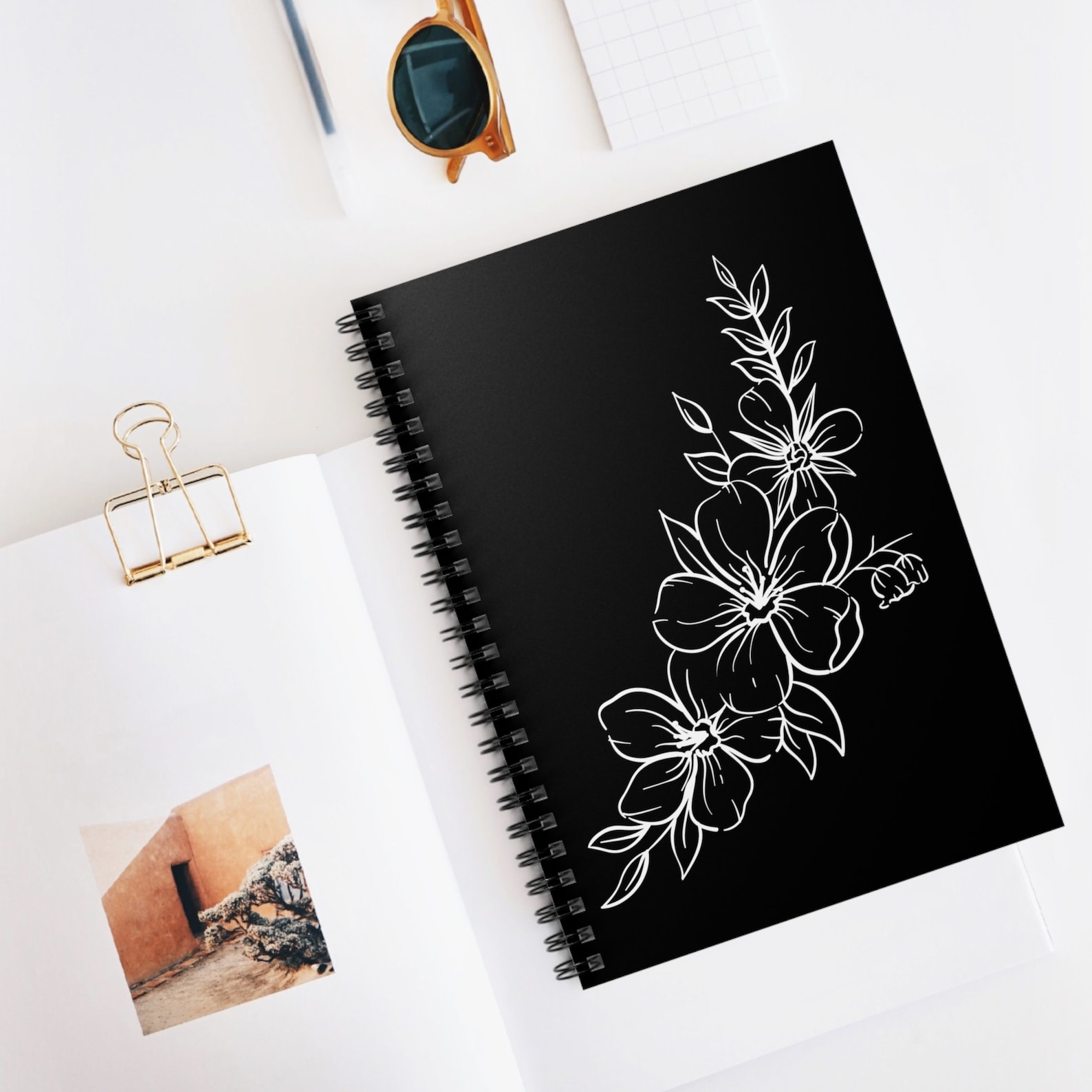 Elegant Black Spiral Notebook With Intricate White Flower, Black ...