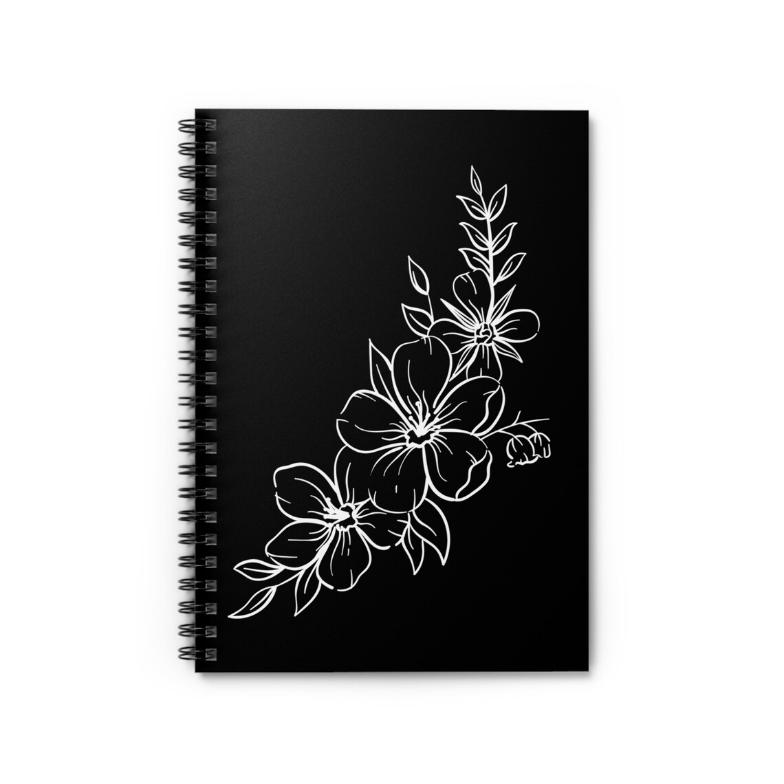 Elegant Black Spiral Notebook With Intricate White Flower, Black ...