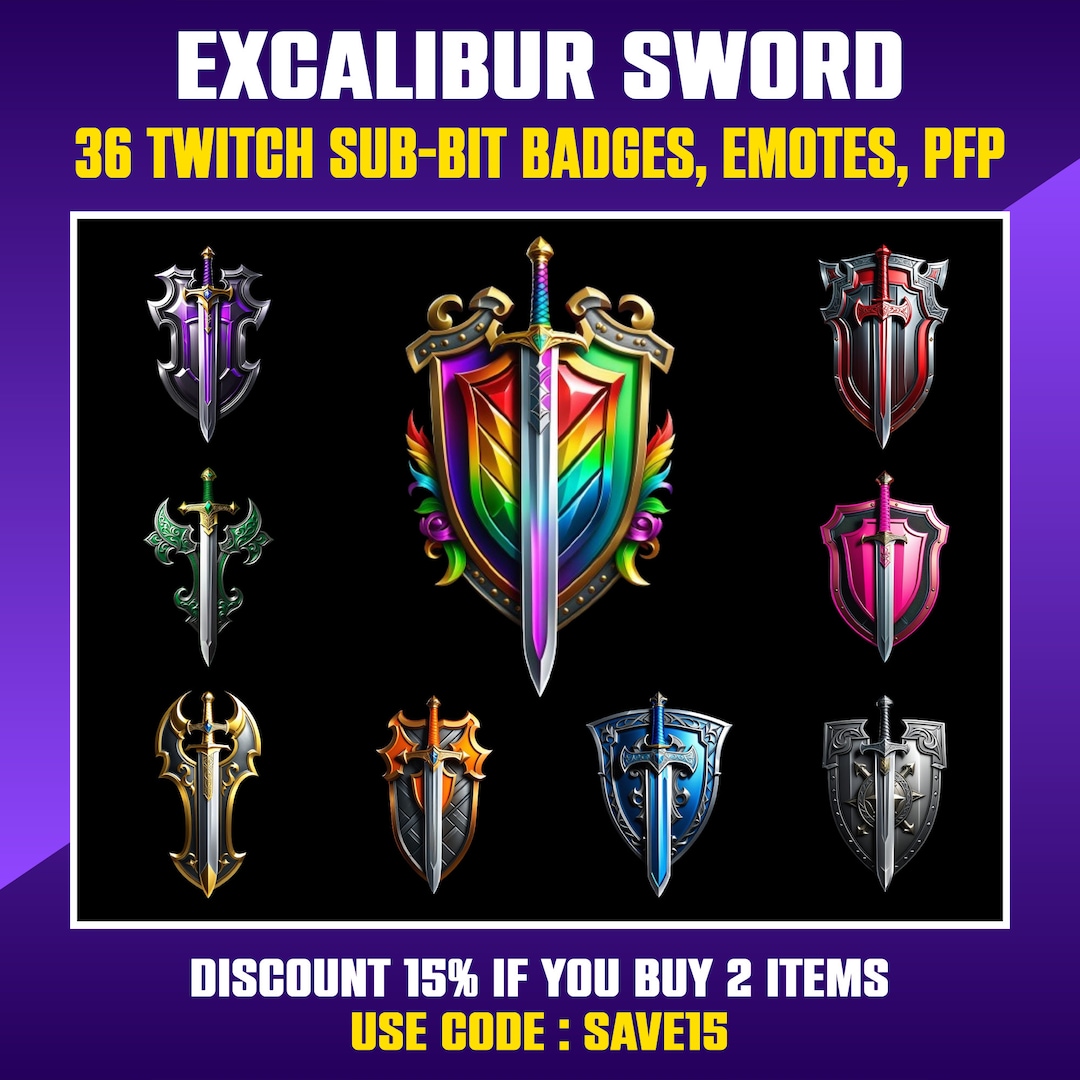 Excalibur Sword Twitch Sub Badges: Streamer Emotes (PNG Digital ...