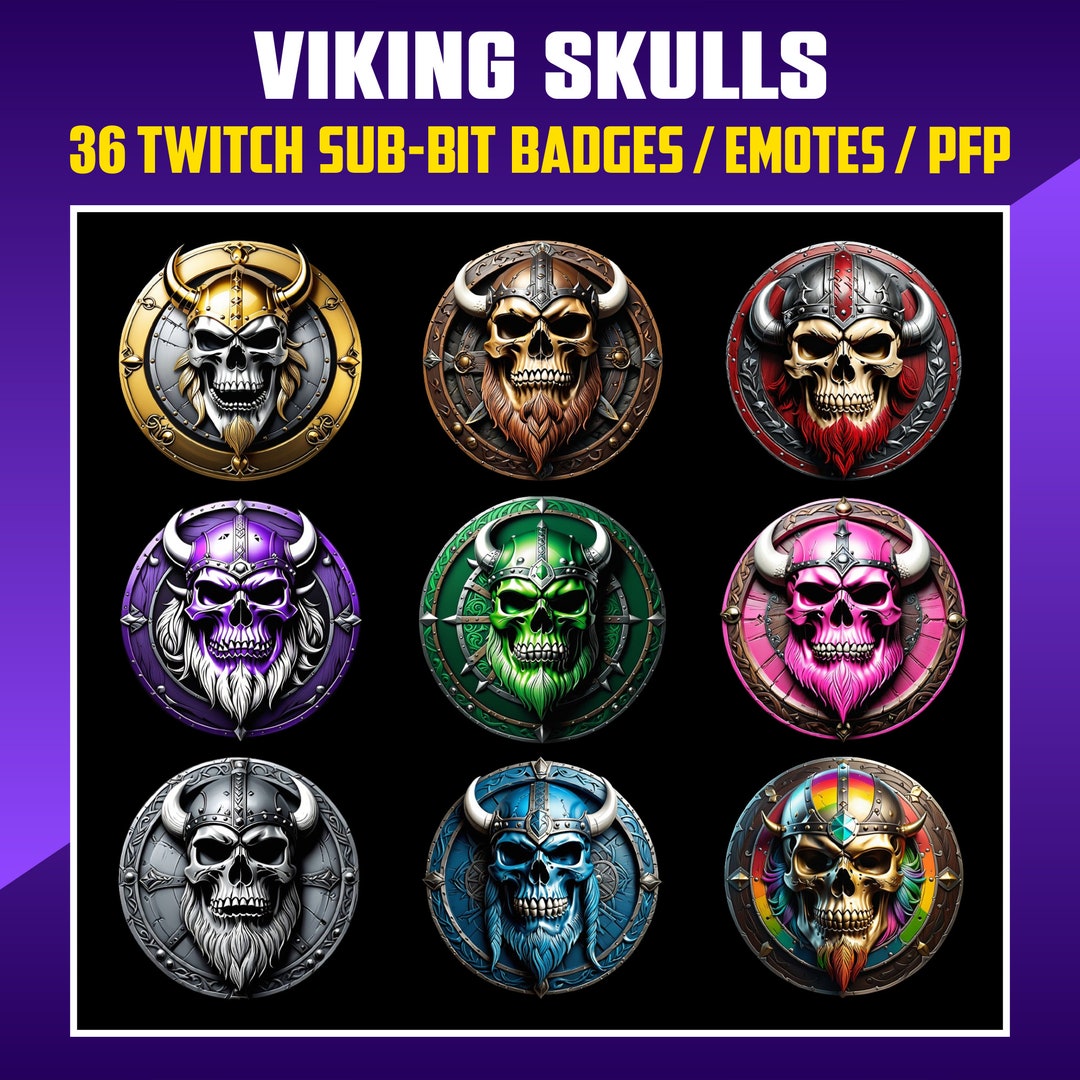 Viking Skull Twitch Sub Badges: Colorful Streamer Emotes (digital ...