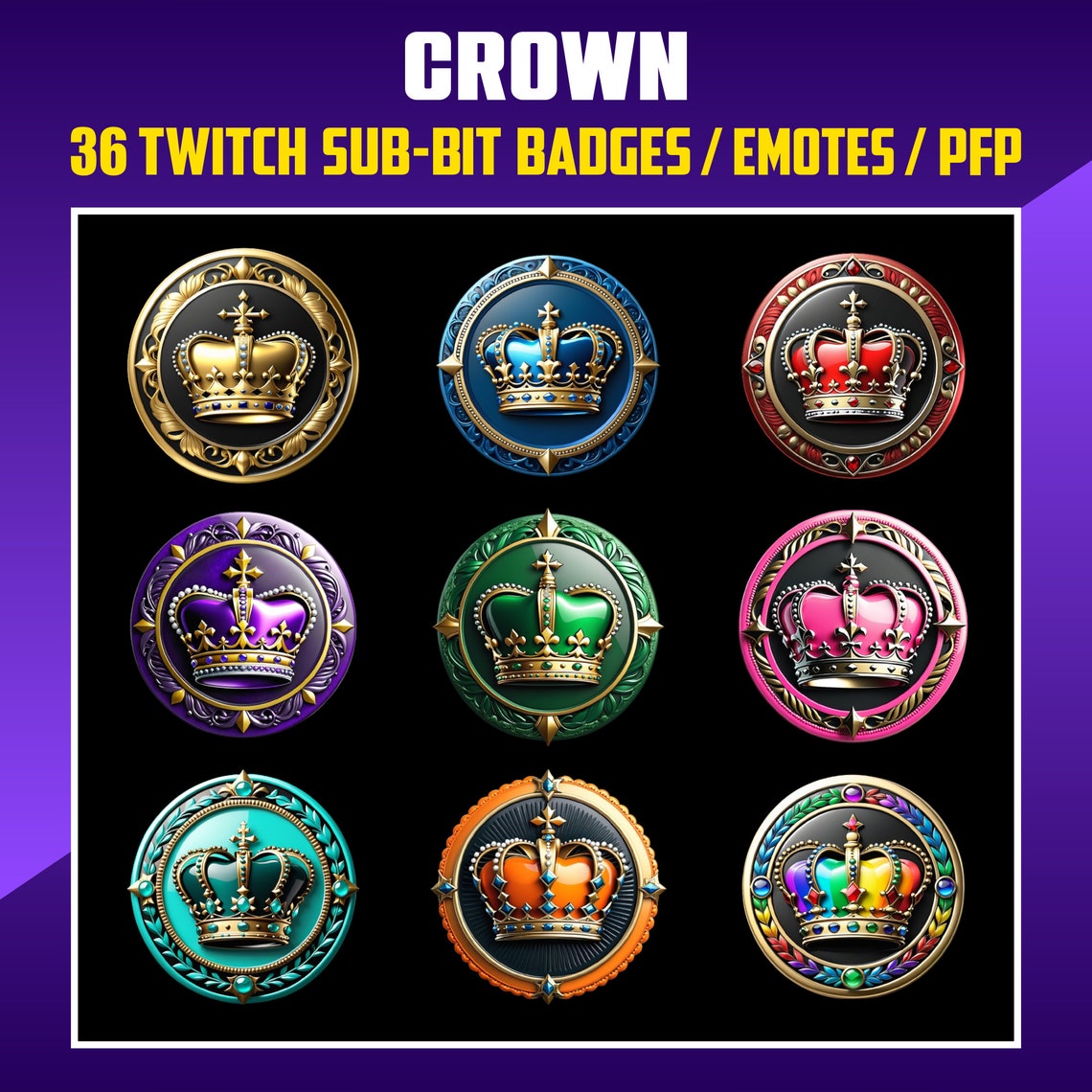 Crown Twitch Sub Badges: Streamer Emotes, Vtuber Avatars (PNG Digital ...