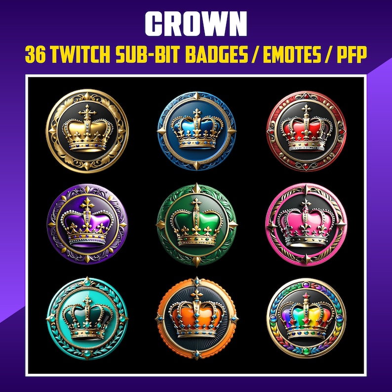 Crown Twitch Sub Badges: Streamer Emotes, Vtuber Avatars (PNG Digital ...