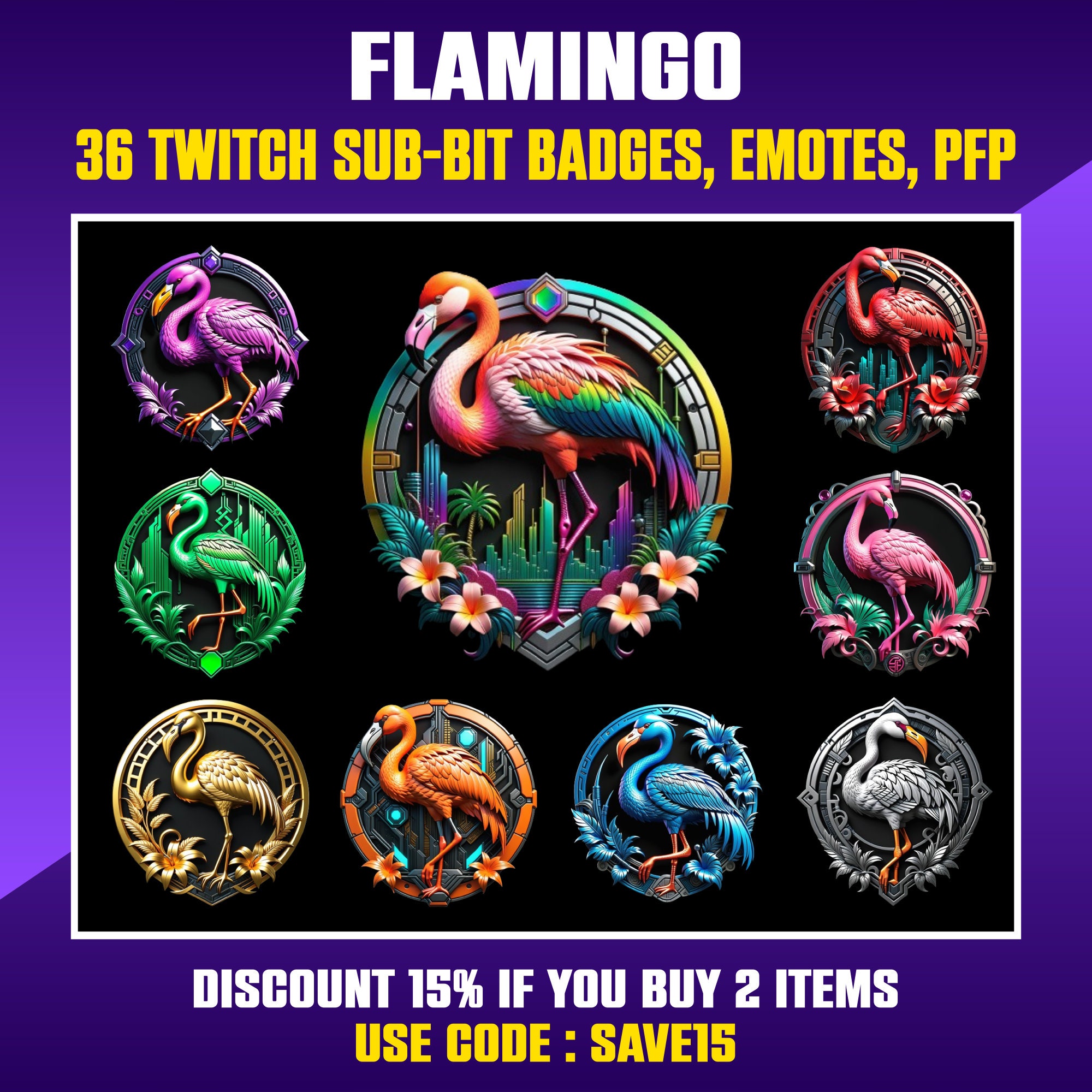 Flamingo Twitch Badges: Sub Bit Badges, Emotes, Avatars (PNG Digital ...