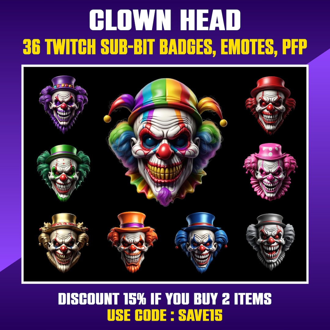 Clown Twitch Sub Badges: Streamer Emotes, Avatars (PNG Digital Download ...