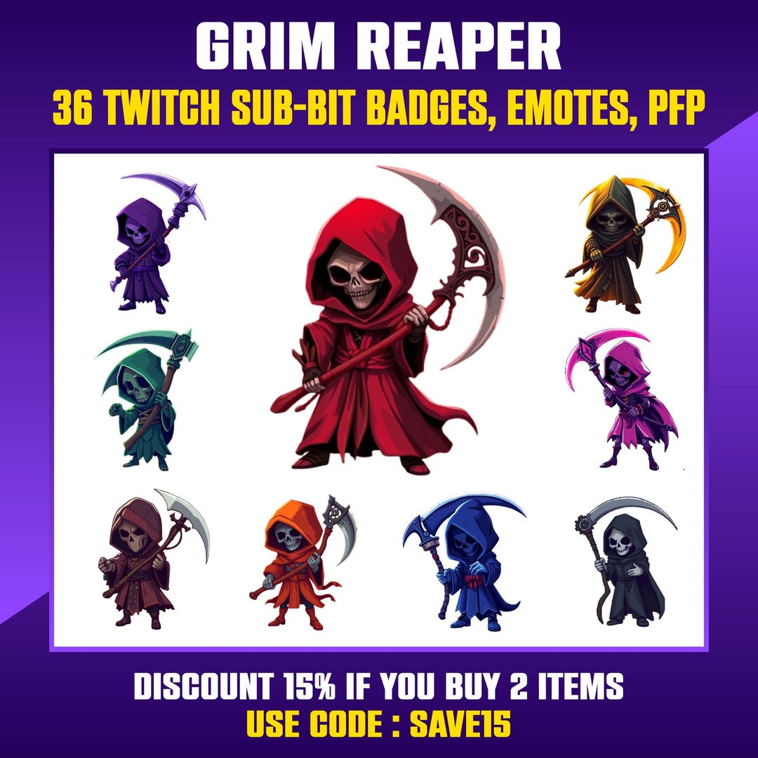 Reaper Twitch Sub Badges: Cartoon Grim Reaper Emotes (digital Download ...