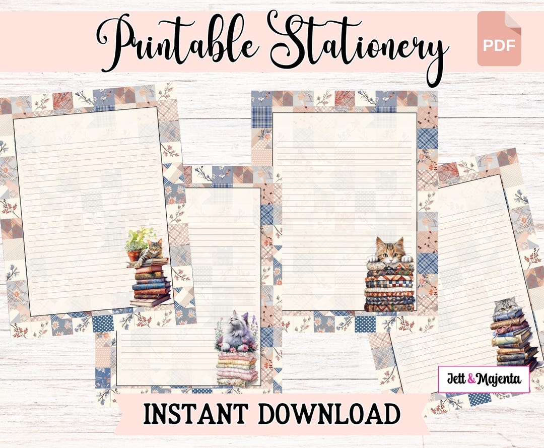Cats, Quilts & Books Printable Stationery Set, Patchwork Quilt Theme ...