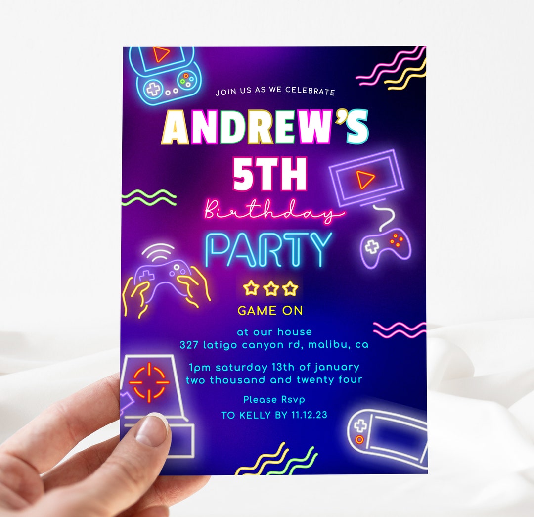Neon Party Invitation, Neon 5th Birthday Invite, Neon Light Birthday ...