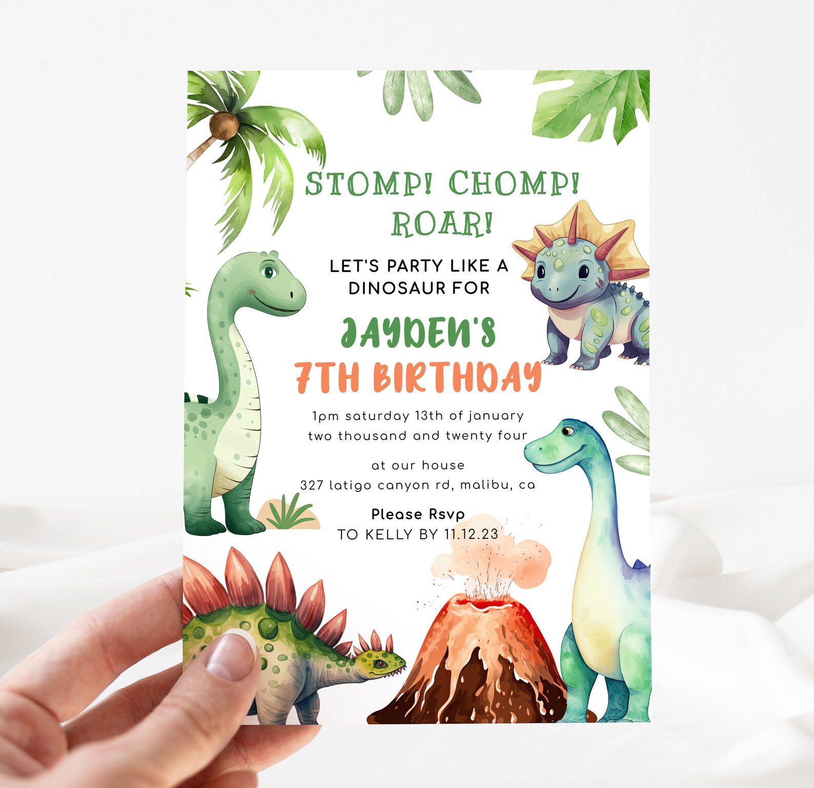 7th Dinosaur Birthday Party Invitation, Editable Invite, Editable ...