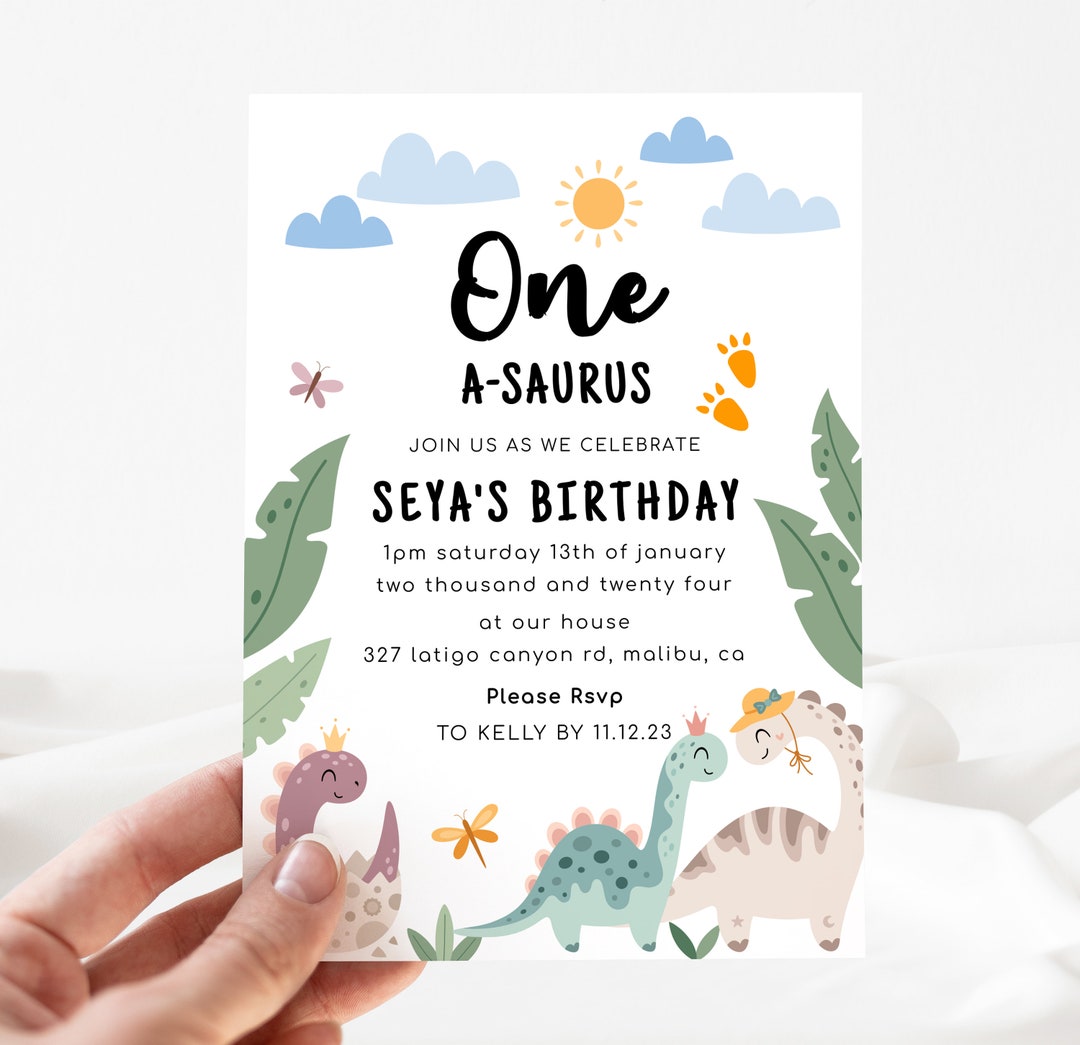 One-a-saurus Dinosaur Birthday Party Invitation, DIY Editable Invite ...