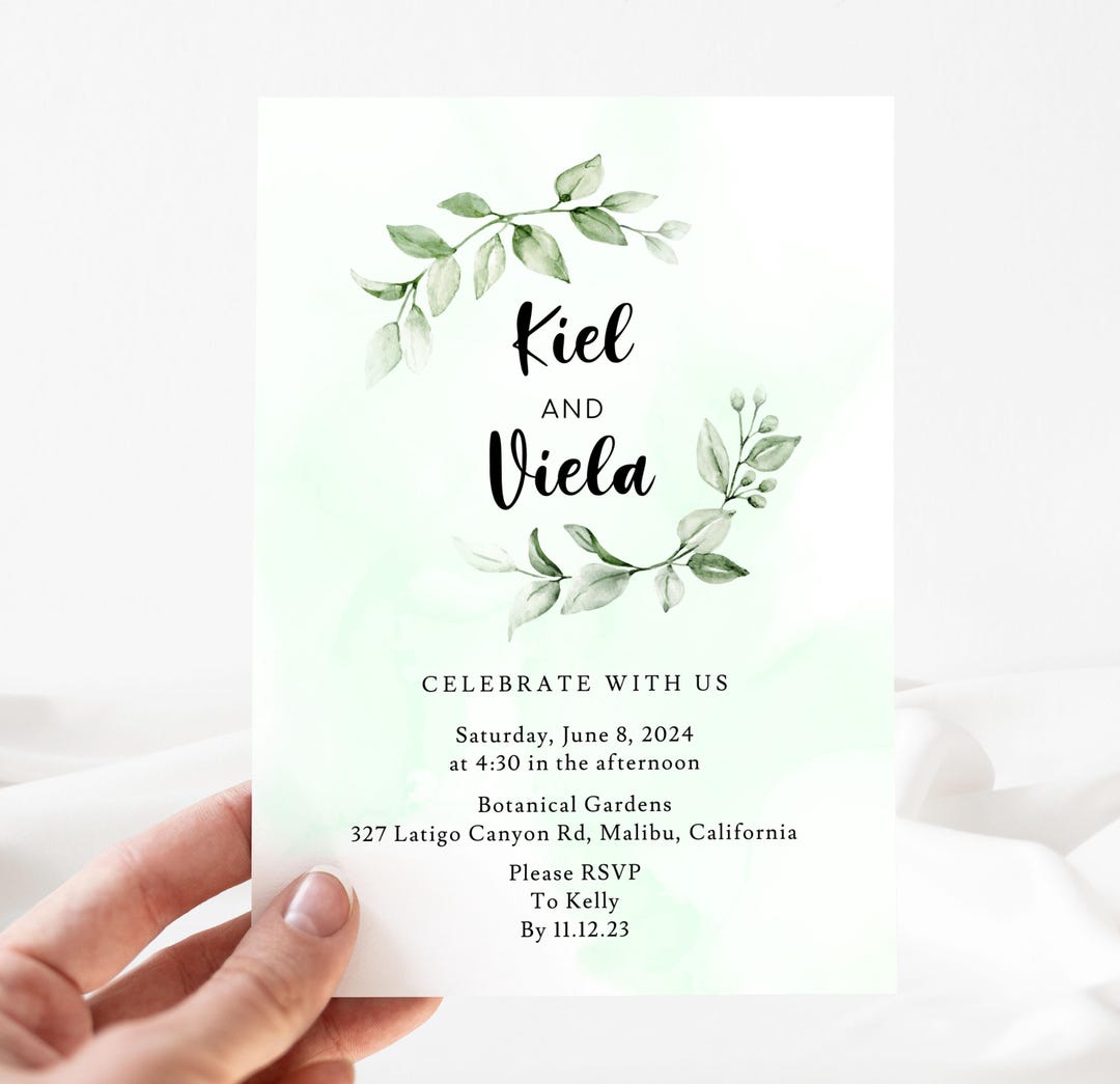 Greenery Wedding Invitation Template, Wedding Invitation Green and Gold ...