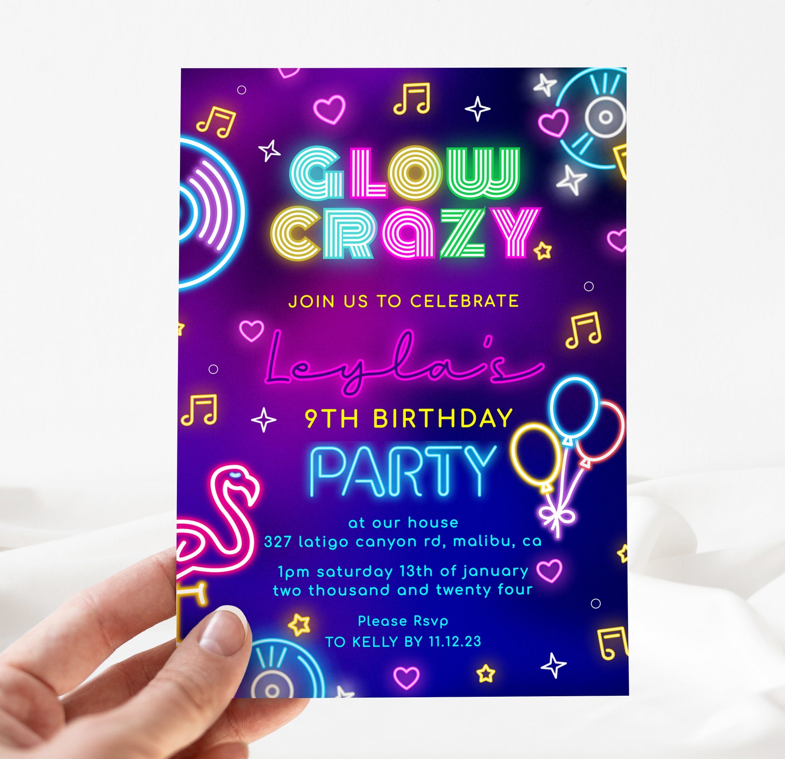 Neon Party Invitation, Neon 9th Birthday Invite, Neon Light Birthday ...