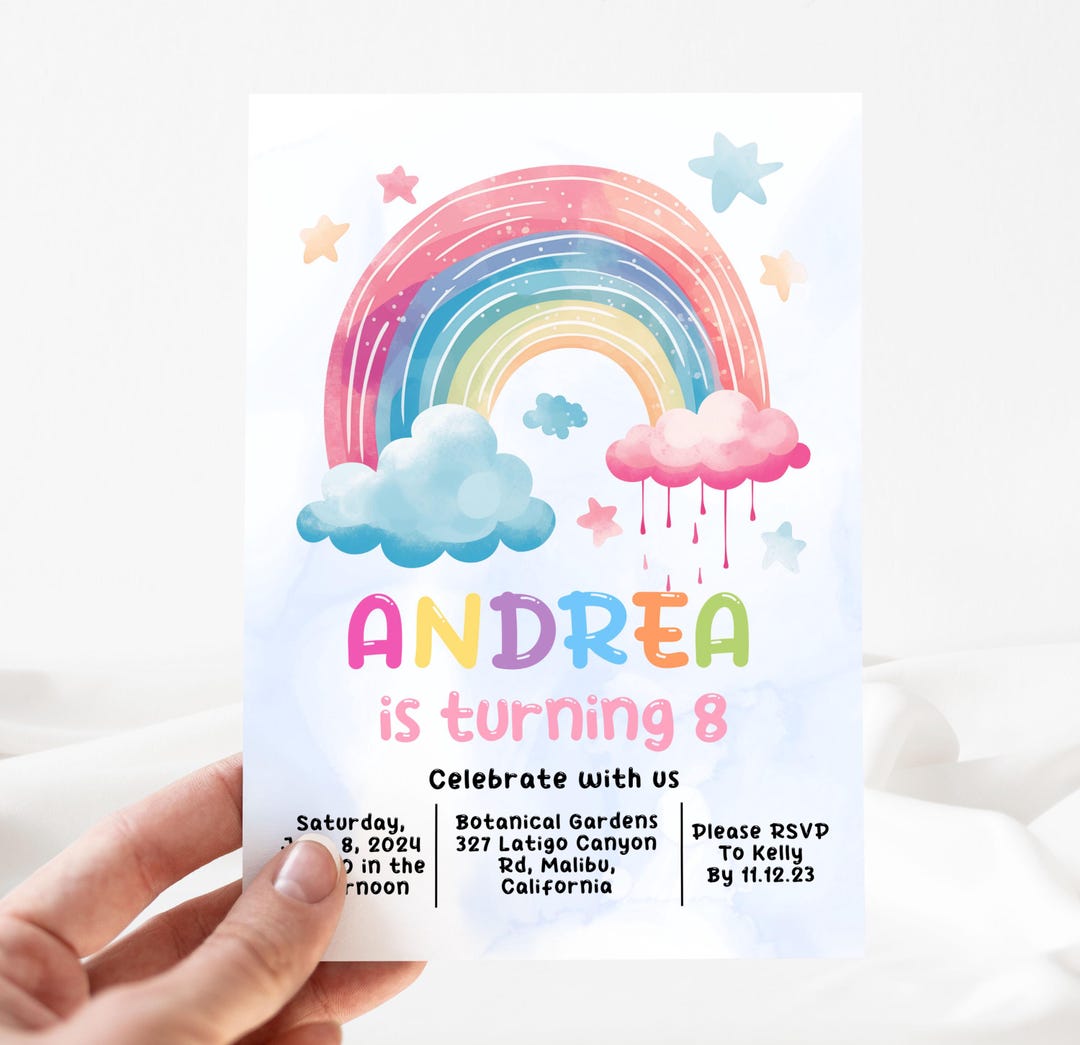 Rainbow Birthday Invitation, Editable Rainbow Party Invite, Rainbow ...