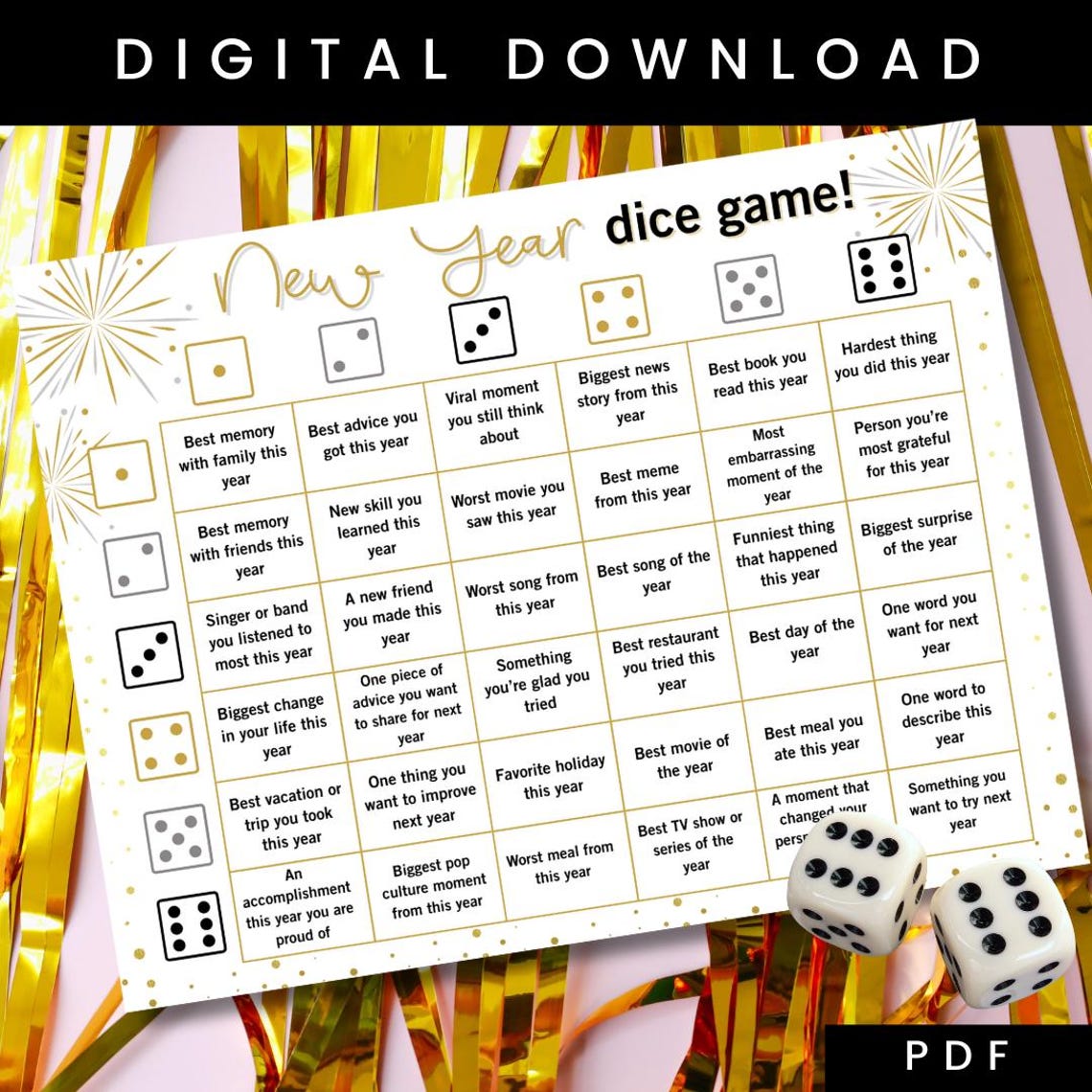 Year in Review Dice Game | Year End Reflection | New Year’s Eve Game ...