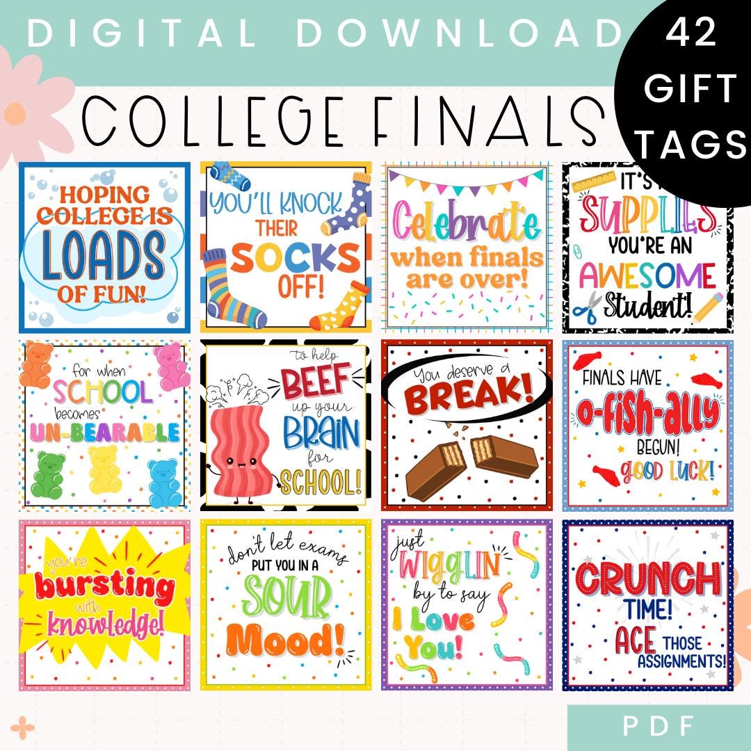 Printable 42 College Finals Gift Tags | College Care Package | Finals ...