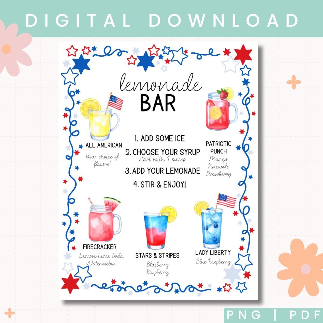4th of July Lemonade Bar Menu | Patriotic Lemonade Sign Printable | Red ...