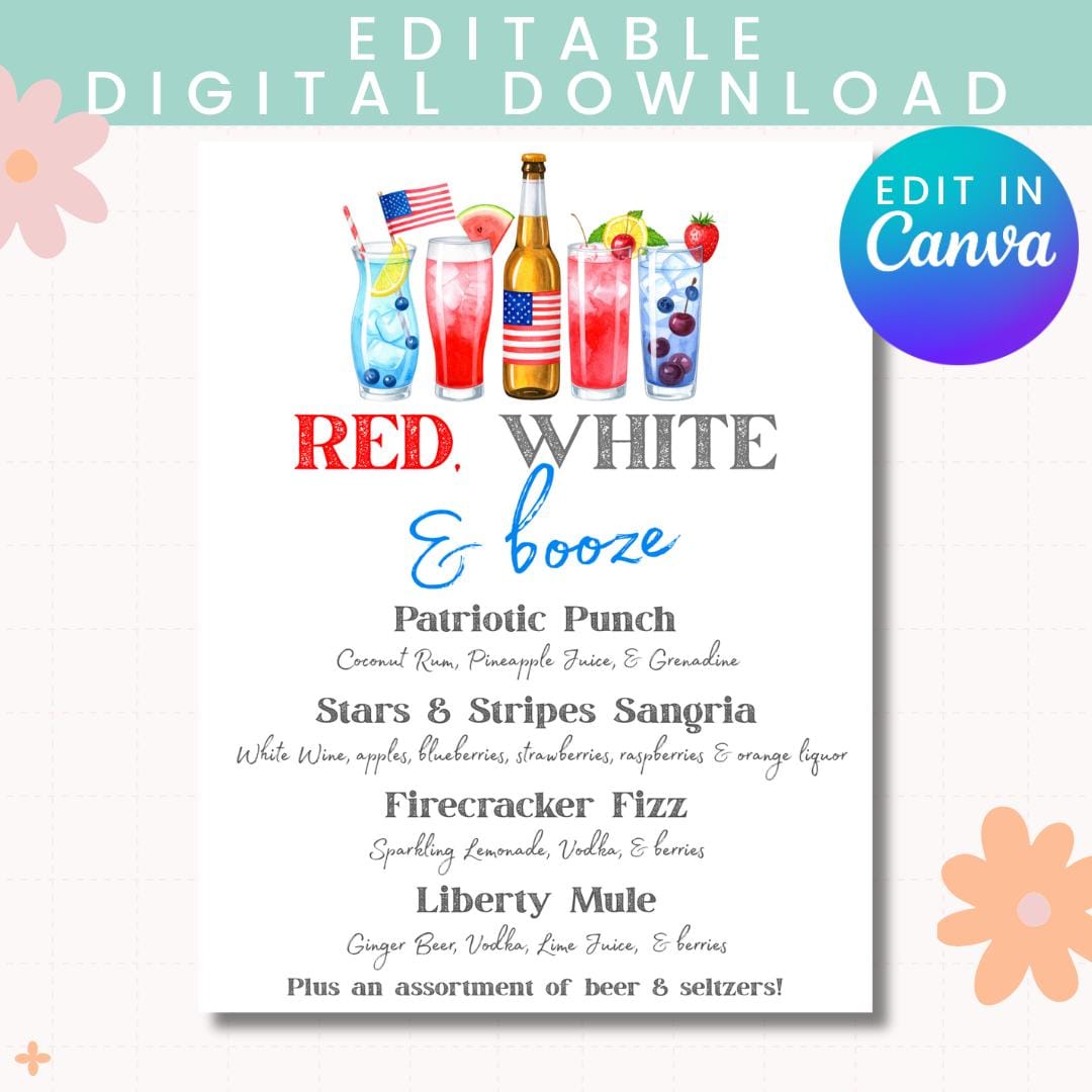 Editable 4th of July Bar Menu | Patriotic Bar Sign Printable | Red ...