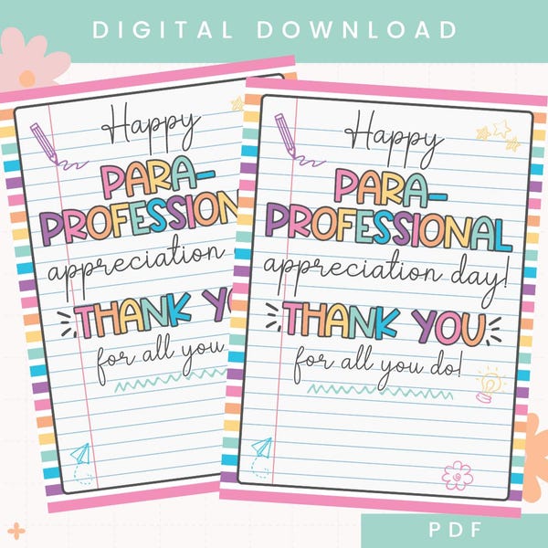 Printable Paraprofessional Thank You Cards - Etsy
