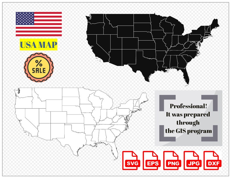 USA America Map Svg Outline Includes Svg Eps Png Jpg Dxf File Vector ...