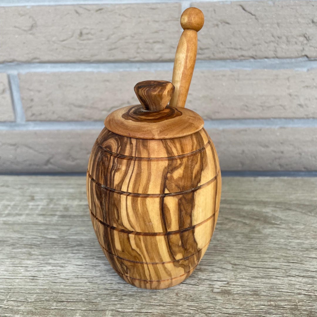 Olive Wood Honey Pot With Dipper, Honey Container Natural Wood Honey ...