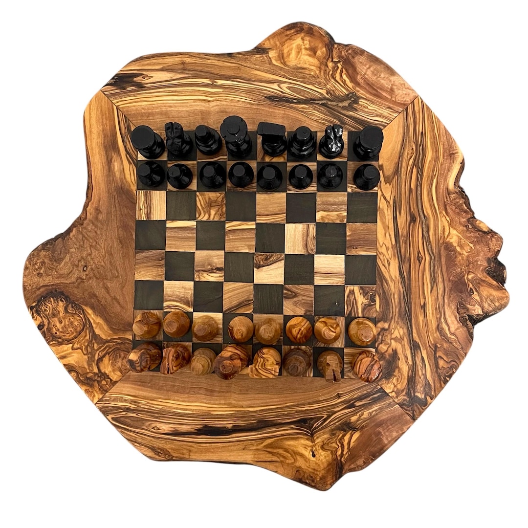 Handmade Rustic Olive Wood Chess Set | Total Area 35x35 Cm | Grid Area ...