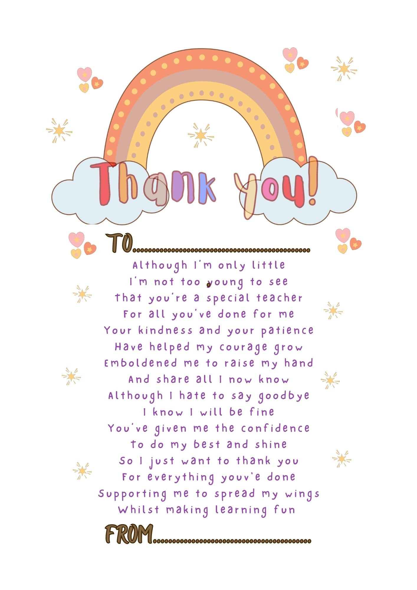 Rainbow Teacher Thank You Poem, Personalized Gift (digital Download) - Etsy