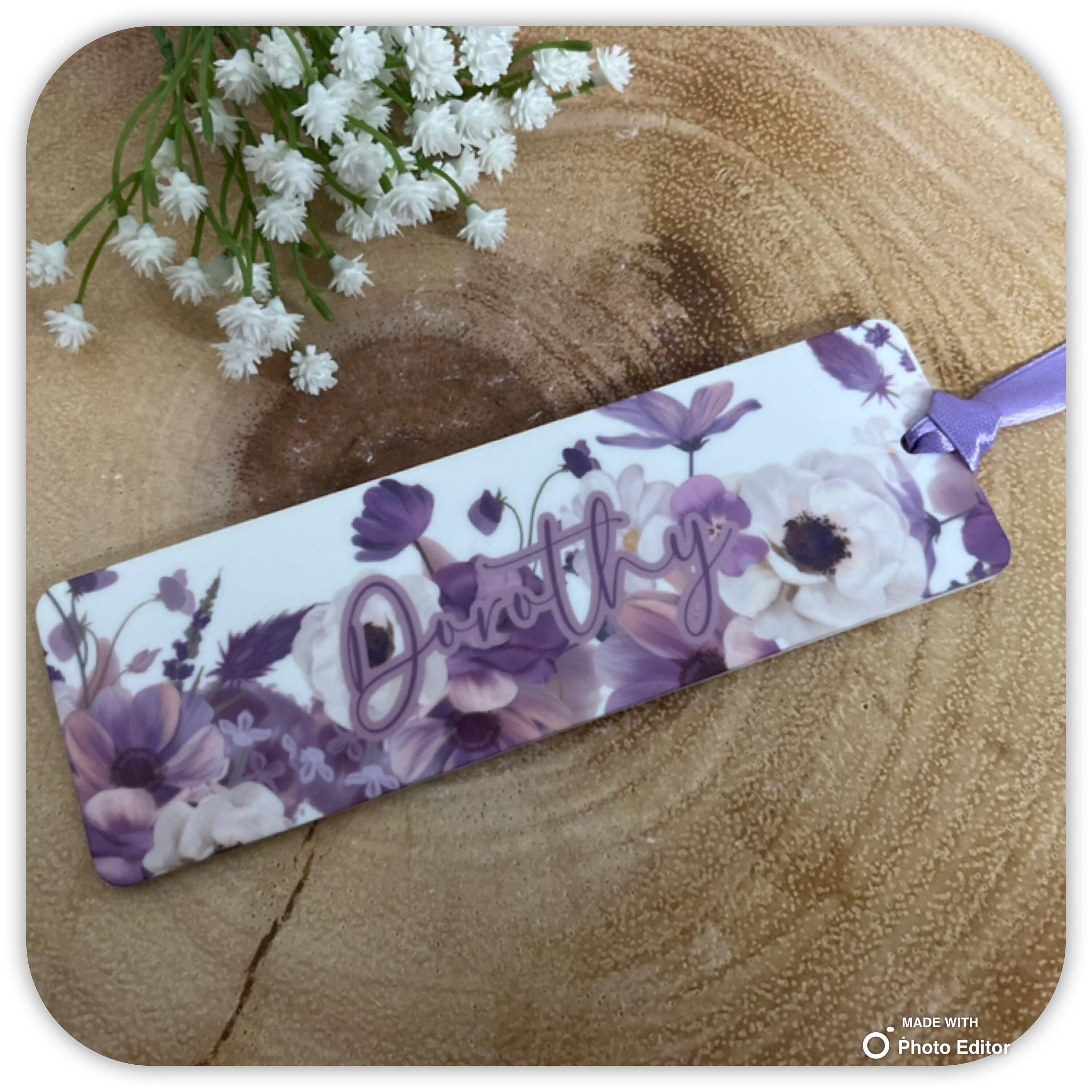 Personalised Purple Floral Acrylic Bookmark | Custom Name Bookmark ...
