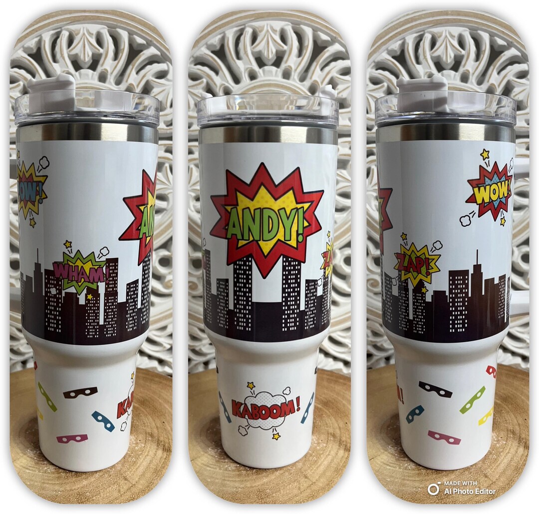 Personalised 40oz Superhero Stainless Steel Tumbler With Handle, Straw ...