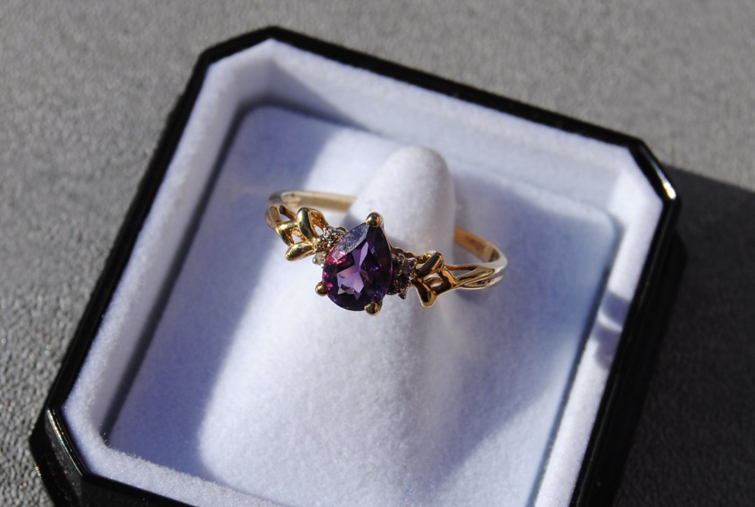 Amethyst and Diamond Tear Drop 9ct Gold Vintage Ring - Etsy