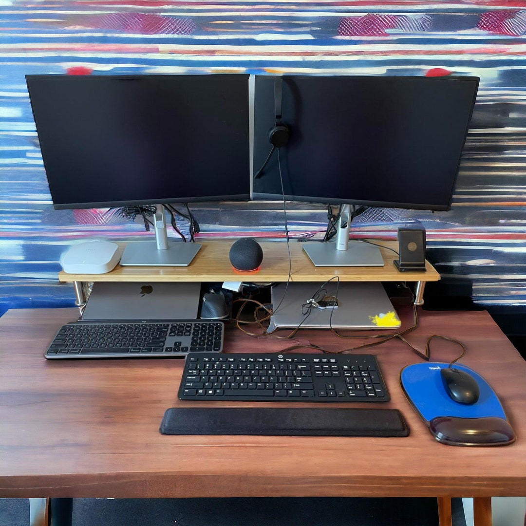 Bamboo Dual Monitor Riser Wood TV Stand - Etsy