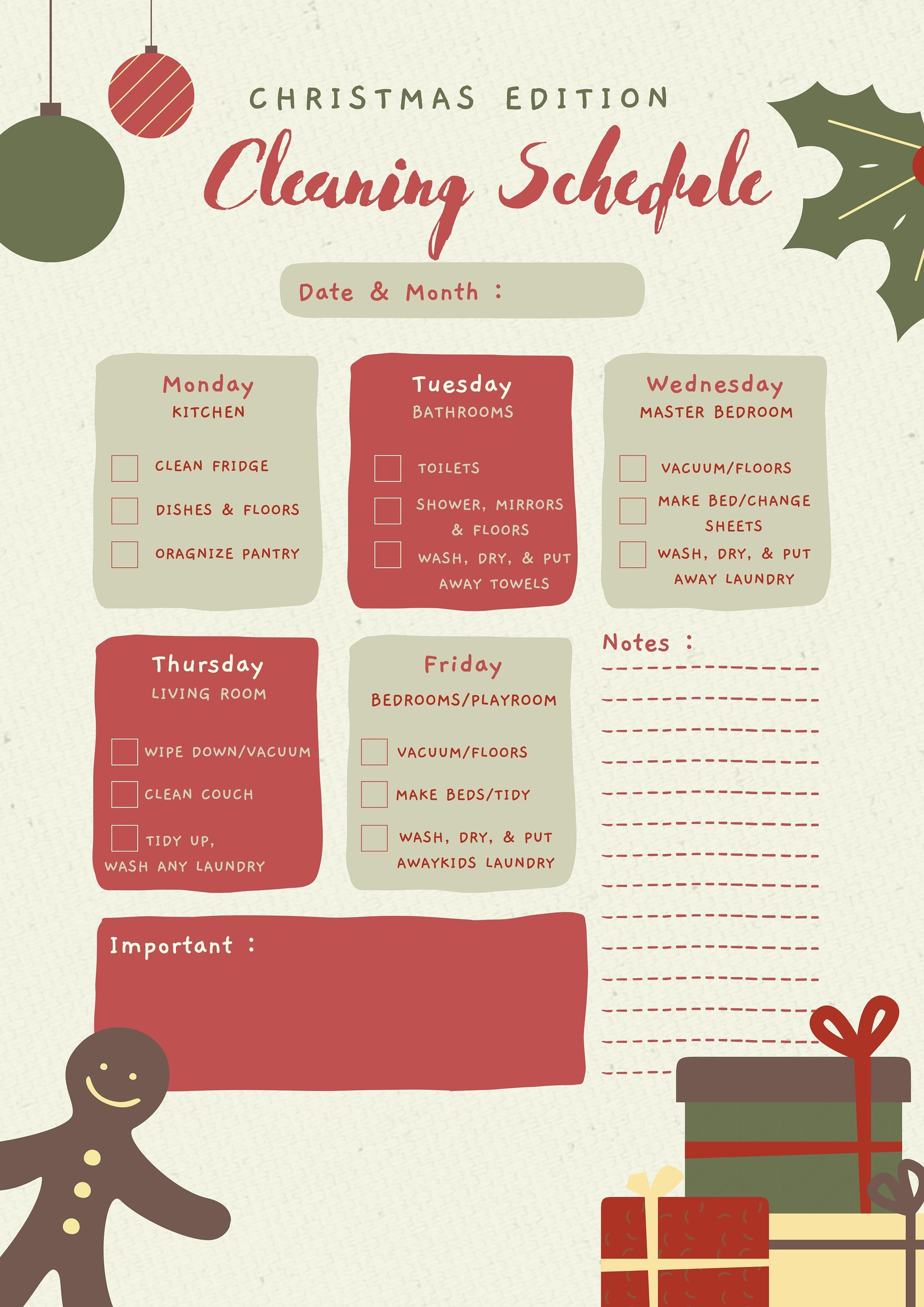 CLEANING SCHEDULE- Holiday Theme - Etsy