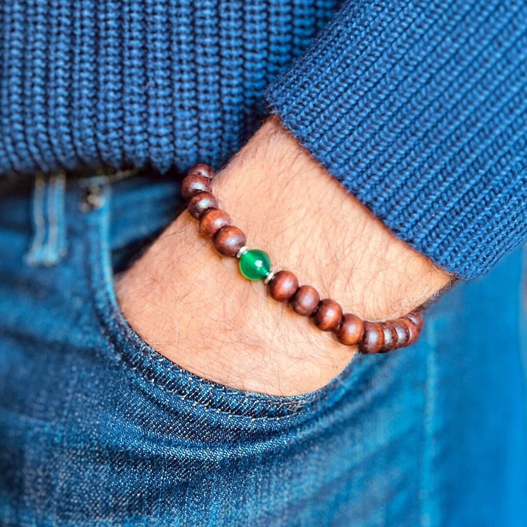 Handmade Bracelet for Men With Natural Wood Beads and Green Jade Bead ...
