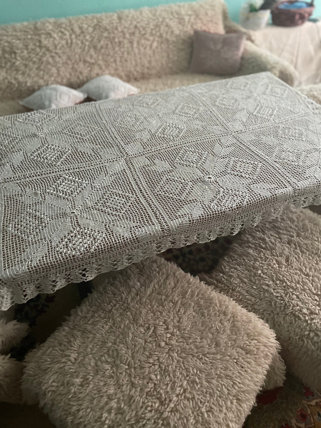 Vintage Crochet Knitted Tablecloth Rectangle Cover - Etsy