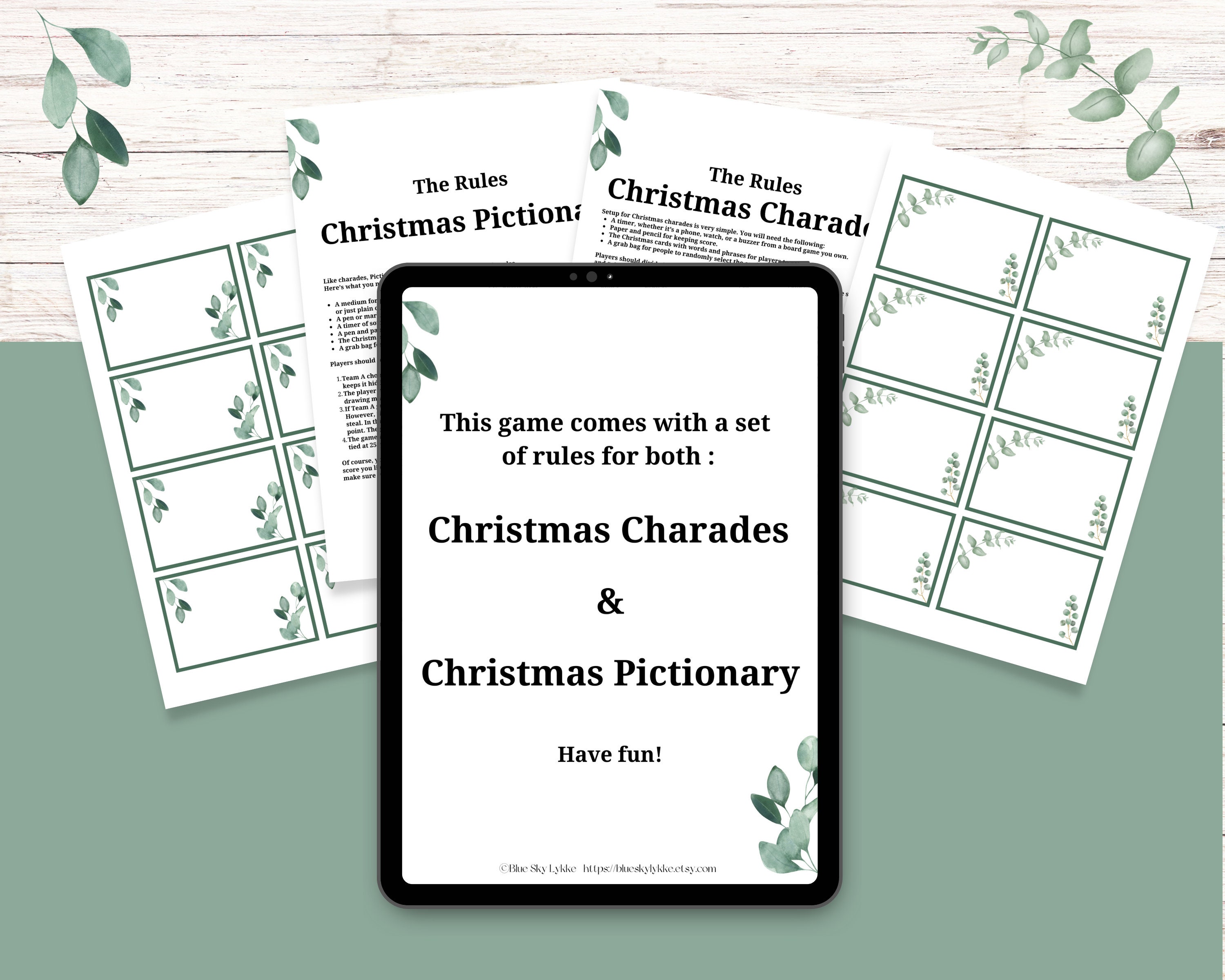 Christmas Charades Printable Game, Eucalyptus Cards, Christmas ...