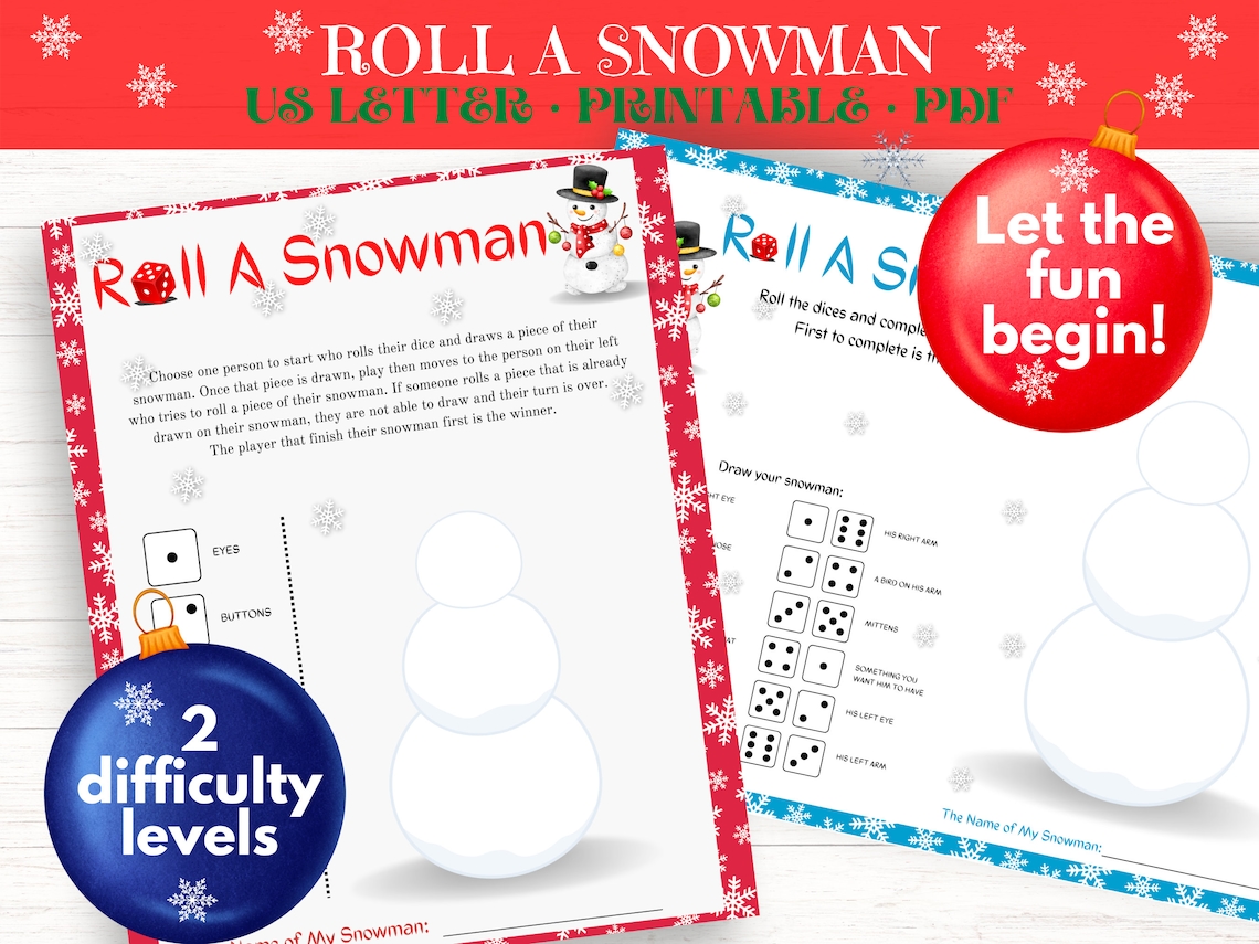 Holiday Roll a Snowman Dice Game - Children's Game Card - Build / Draw ...