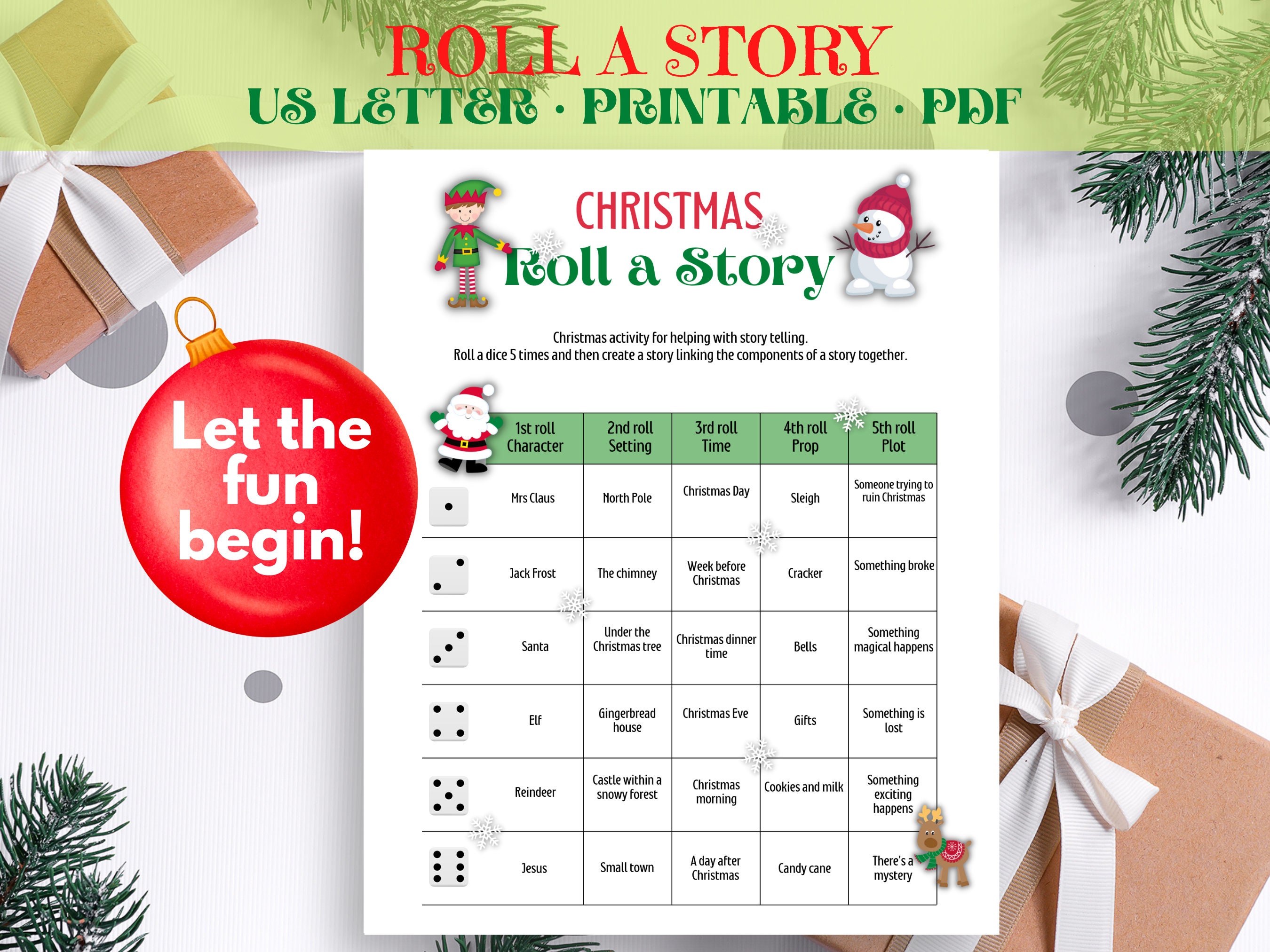 Christmas, Roll a Story, Dice Game, Printable Creative Writing ...
