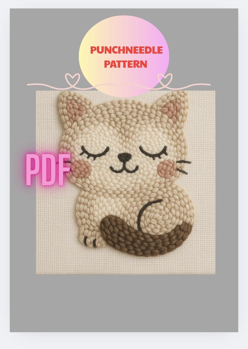 Sleeping Cat Punch Needle Pattern-cute DIY Embroidery Design ,punch Needle PDF Pattern for ...