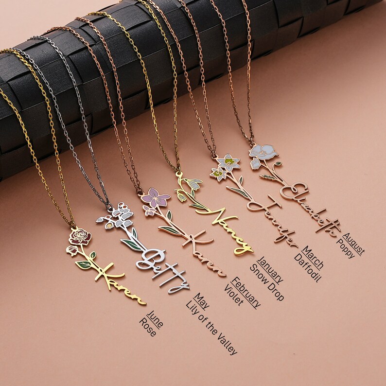 Unique Birth Flower Name Necklace, Handmade Personalized Necklace ...