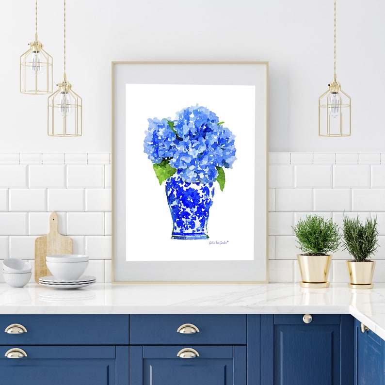 Preppy Wall Art Watercolor Painting Download Blue Hydrangea Print ...