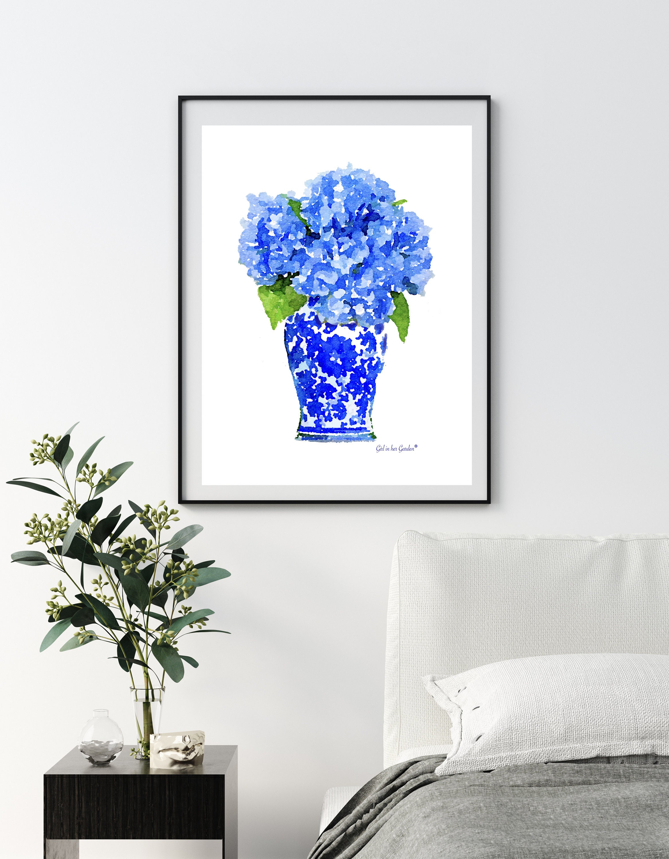 Preppy Wall Art Watercolor Painting Download Blue Hydrangea Print ...