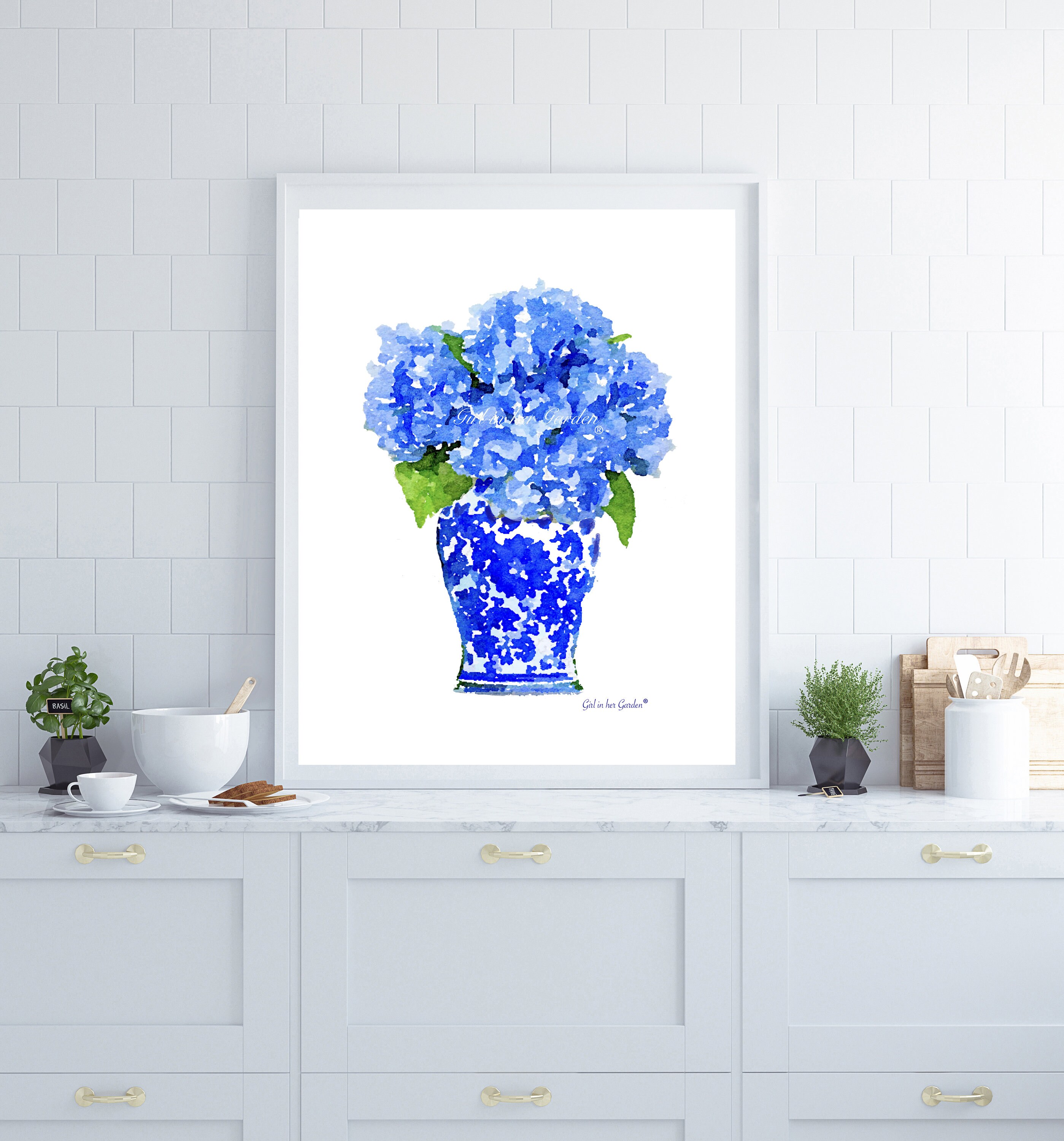 Preppy Wall Art Watercolor Painting Download Blue Hydrangea Print ...