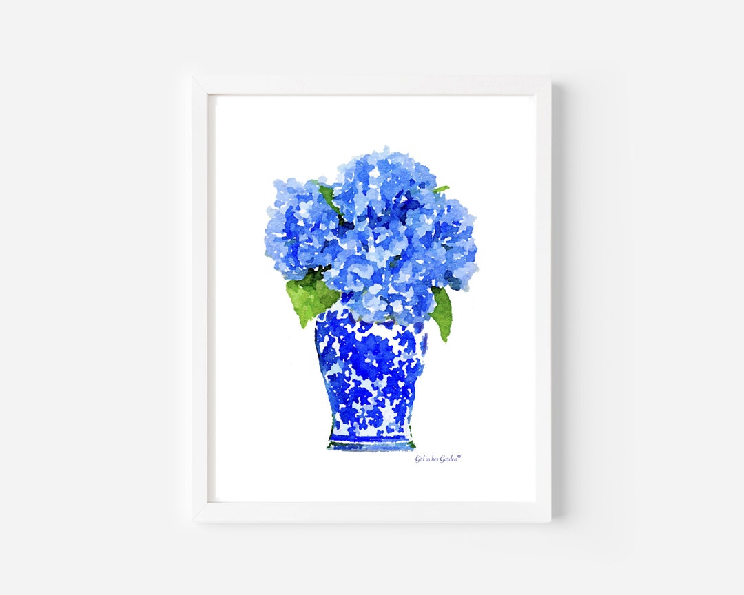 Preppy Wall Art Watercolor Painting Download Blue Hydrangea Print ...