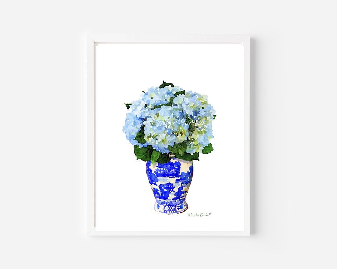 Preppy Wall Art Watercolor Painting Download Blue Hydrangea Print ...